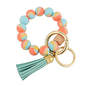 Coolcos Silicone Key Ring Bracelet for Women Portable Keychain Holder, Car Keychain Elastic Beaded Wristlet with Tassel (rainbow colorful)