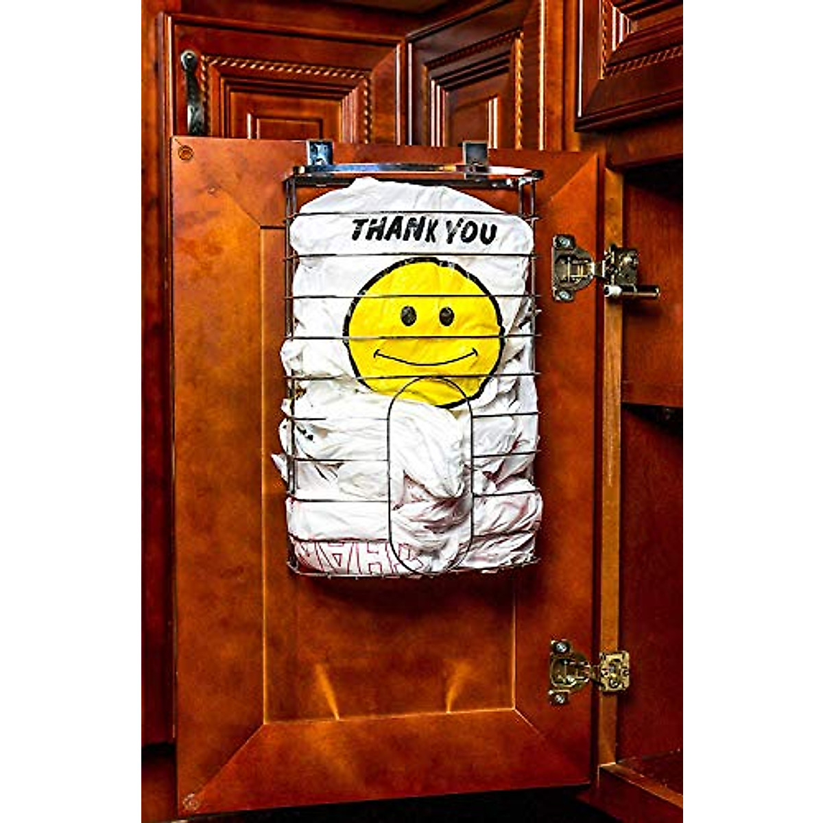 Dependable Industries Over the Cabinet Grocery Bag Holder Dispenser Basket Garbage Bag Rack Kitchen Storage Chrome