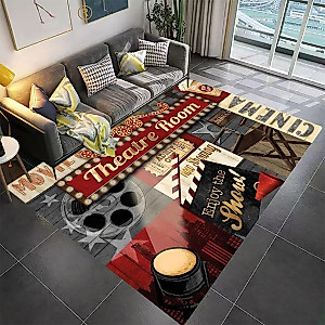 Soft Area Rugs Vintage Movie Theater Rugs Large Non-Slip Cozy Carpet Movie Room Decor Home Theater Decor for Living Room Theater Room Bedroom 5'X7'