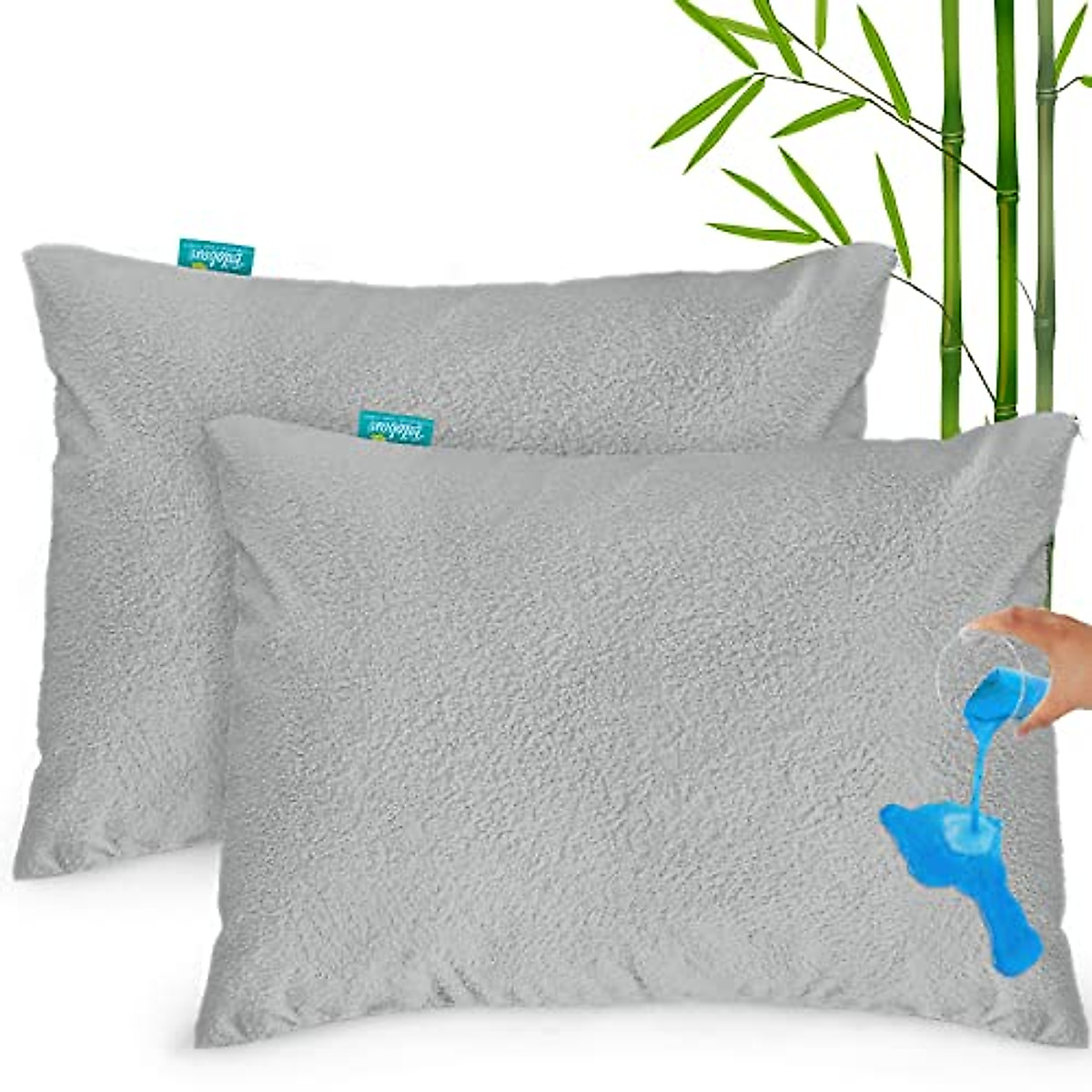 Toddler Pillowcase Protector 2 Pack, Cooling Bamboo Waterproof Pillowcase Cover, Travel Pillow Case Cover with Zipper, Machine Washable, Fit Toddler Pillow 13"x18" or 14"x19" for Boys Girls,Gray
