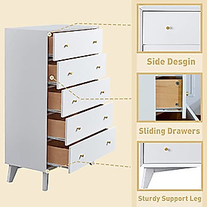 T4TREAM 5 Drawer Dresser for Bedroom, 48" Tall Mid-Century Modern Chest of Drawers, Beveled Profile Design, Wood Drawer Organizer for Bedroom, Living Room, Hallway and Entryway, Solid White