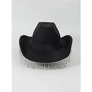 QWINEE Western Cowboy Hat Cowboy Hat with Rhinestone Tassel Decor Halloween Cow Fedora Hat Costume Accessories for Women Men Black one-Size