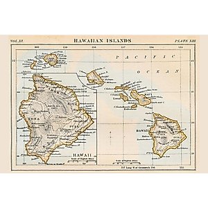 Hawaiian Islands 1883 Historical Antique Style Map Travel World Map with Cities in Detail Map Posters for Wall Map Art Geographical Illustration Island Cool Wall Art Print Poster 36x24