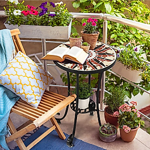 VINGLI Mosaic Outdoor Side Table, 14" Round End Table, Accent Table, Ceramic Tile Top Black Iron,Brown Flower