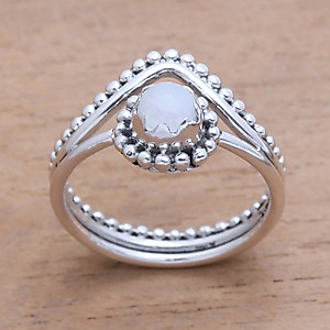 NOVICA Artisan Handmade Rainbow Moonstone Cocktail Ring Dot Motif from Bali Sterling Silver Single Indonesia [ring Front 0.6 in H x 0.4 in W x 0.2 in D Band Width 5 mm W] ' Enshrined'