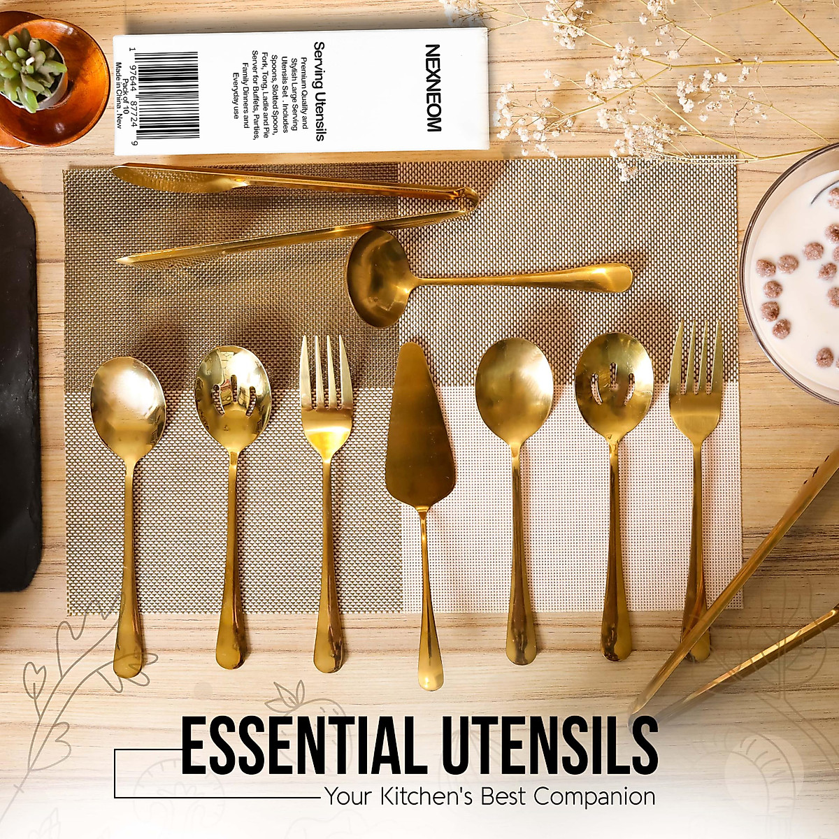 NEXNEOM Serving Utensils Set Gold 10-Piece - Stainless Steel Stunning Mirror-Finish, Lightweight, Dishwasher Safe - Includes Slotted Spoons, Forks, Tongs, Ladle, and Pie Server for buffet & parties