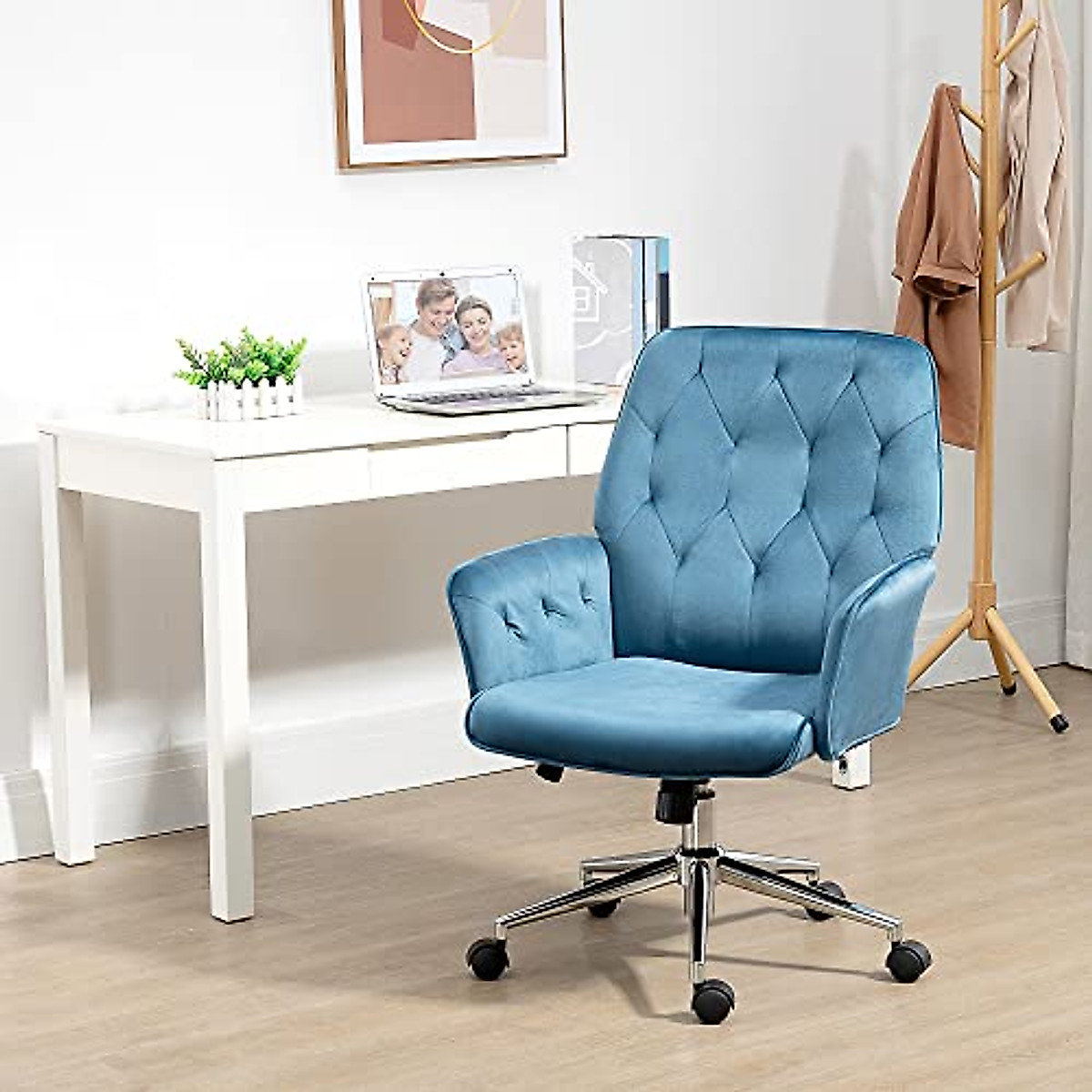 Vinsetto Modern Mid-Back Tufted Velvet Home Office Desk Chair with Adjustable Height, Swivel Adjustable Task Chair with Padded Armrests, Blue