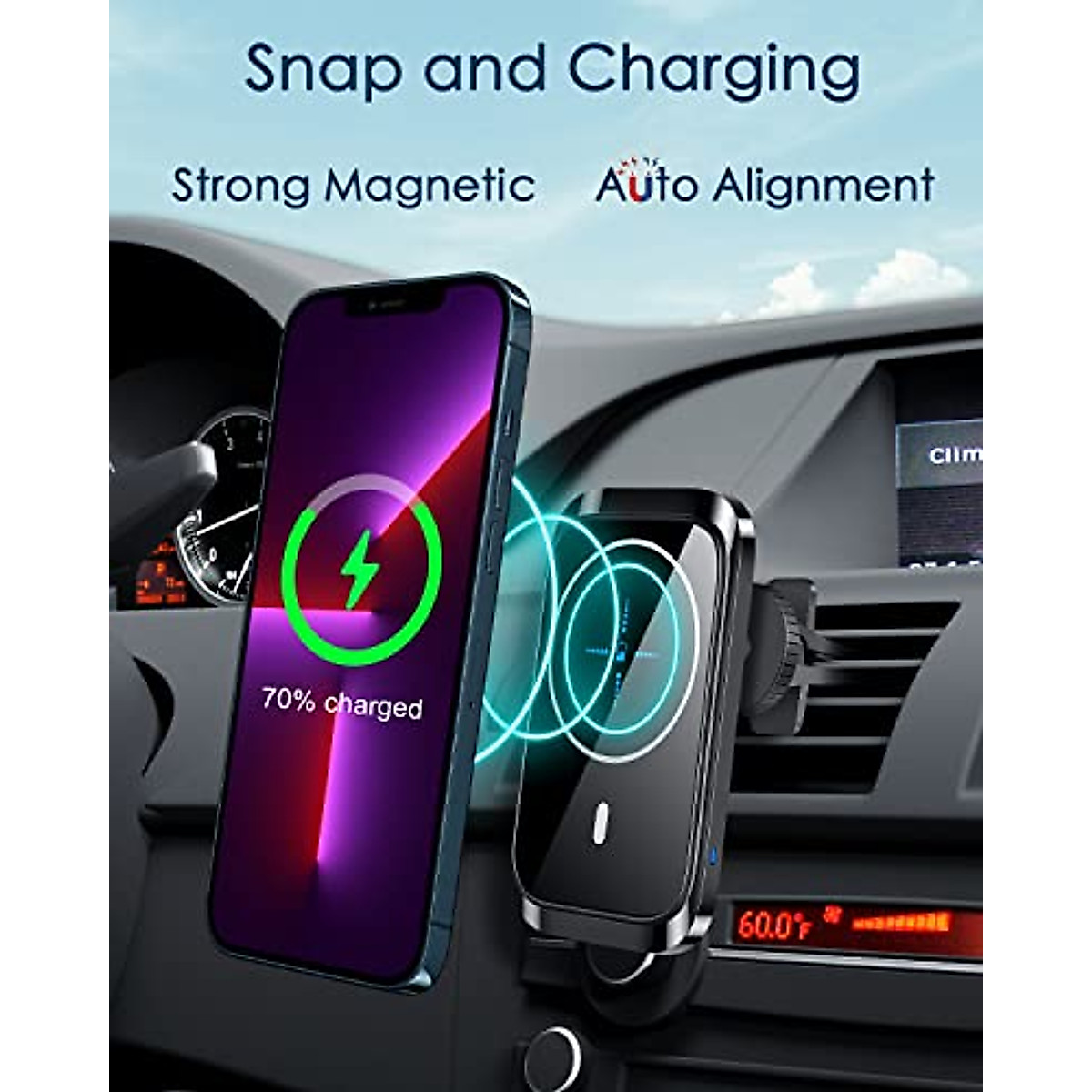 Mag-Safe Car Charger Mount, Auto-Alignment Air Vent Dashboard Magnetic Wireless Car Charger Mount for iPhone 13/13 Pro Max/13 Pro/13 Mini/iPhone 12 Pro Max/Pro/Mini iPhone 14 Series(with 18W Adapter)