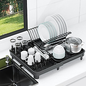 YEPATER Extendable Dish Rack, Large Dish Drying Rack with Drainboard,Cup Holder,Cutlery Drawer Organizer,Collapsible Dish Drainer for Kitchen Counter