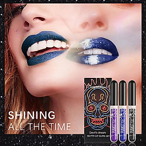 3PCS Black Blue Purple Liquid Glitter Lipstick Glitter Lip Gloss Set,Diamond Shimmer Matte Lipstick Set Long Lasting High Pigment Glitter Lip Stick Kit Lip Gloss Set Halloween Makeup Gift - Set D