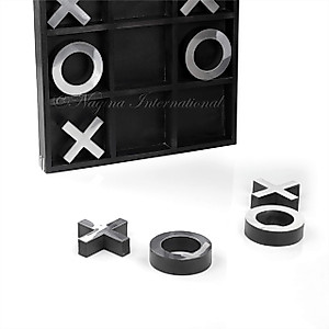 14" Large Elegant Premium Black Tic Tac Toe Board Game | Wooden Puzzle Game | Coffee Table Wooden Decor & Games with Nickel Sheathed Pieces