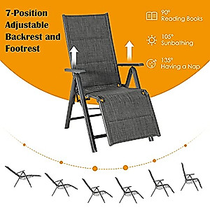 Giantex Reclining Patio Chairs 7 Positions Adjustable Backrest Outdoor Folding Recliners Aluminum Frame Padded Lounge Chair Lawn Porch Furniture (1, Gray)