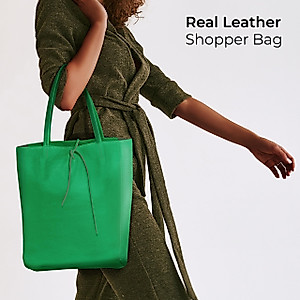 TAKEASY Italian Genuine Leather Tote Bag for Women with Zipper Large Tall Soft Unlined Handbag Purse for Shopping Work Travel (Green)