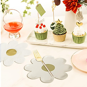 80Pcs Daisy Plates and Napkins, 7inch Paper Flower Shape Gold Foil Dishware Set Disposable Dessert Tableware for Daisy Party Decorations Daisy Baby Shower