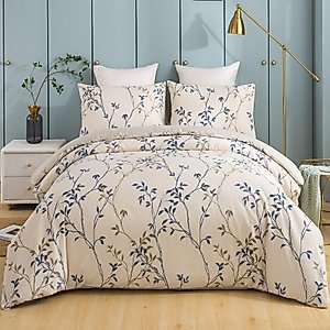 Tache Elegant Leaf Vine Nature Earthy Floral Neutral Cream Beige Tan Blue Breathable Poplin Cotton Zipper Duvet Cover, King