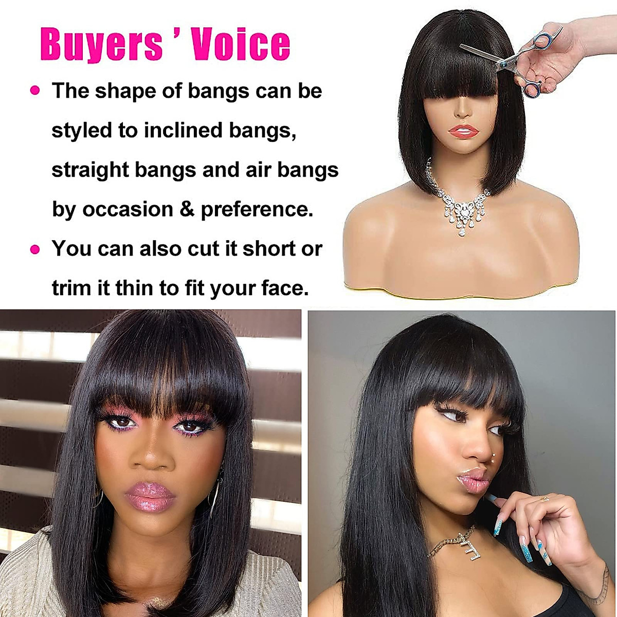 A ALIMICE Black Silky Straight Human Hair Wig with Bangs, 16 Inch, 150% Density, Glueless, 22.5 Inch Cap Size