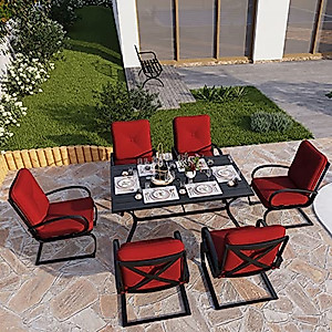PHI VILLA 7 Piece Patio Dining Set with 60"x38" Rectangular Large Metal Dining Table and 6 Pcs Outdoor C-Spring Motion Dining Chairs(Red) for Garden Lawn
