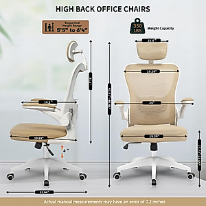 SenceHome Office Chairs, Ergonomic Office Chair, High Back Desk Chair with Adjustable Headrests, Lumbar Support and Flip-up Armrests, Breathable Mesh Computer Chair for Home Office (Khaki)