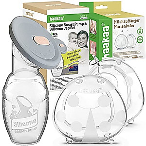 haakaa Manual Breast Pump Breastfeeding Pump 4oz/100ml+Lid Food Grade Silicone Bundle with Ladybug Silicone Milk Collector 2pk
