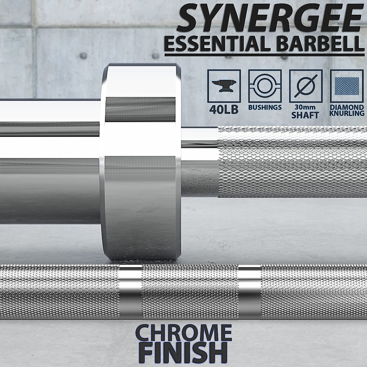 Synergee Essential 40lb Chrome Olympic Barbell. Great for Weightlifting, Powerlifting and Crossfit