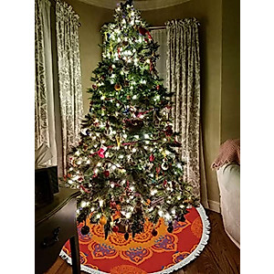 Hapuxt Christmas Tree Skirt 48 Inch Xmas Plush Skirts Decoration Geometric Ethnic Style Circular Deco Merry Christmas Family Party Holiday Indoor Outdoor Home Decor White Tassel Lace