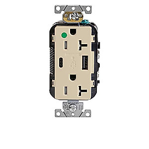 Leviton T5833-HGI Heavy-Duty Hospital Grade, Tamper Resistant, Type A-C USB Charger Receptacles, 20 Amp, Ivory