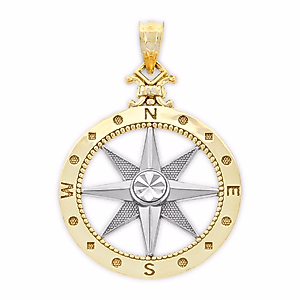 Charm America - Gold Two-Tone Compass Charm - 10 Karat Solid Gold - Nautical Jewelry Pendant (Large)