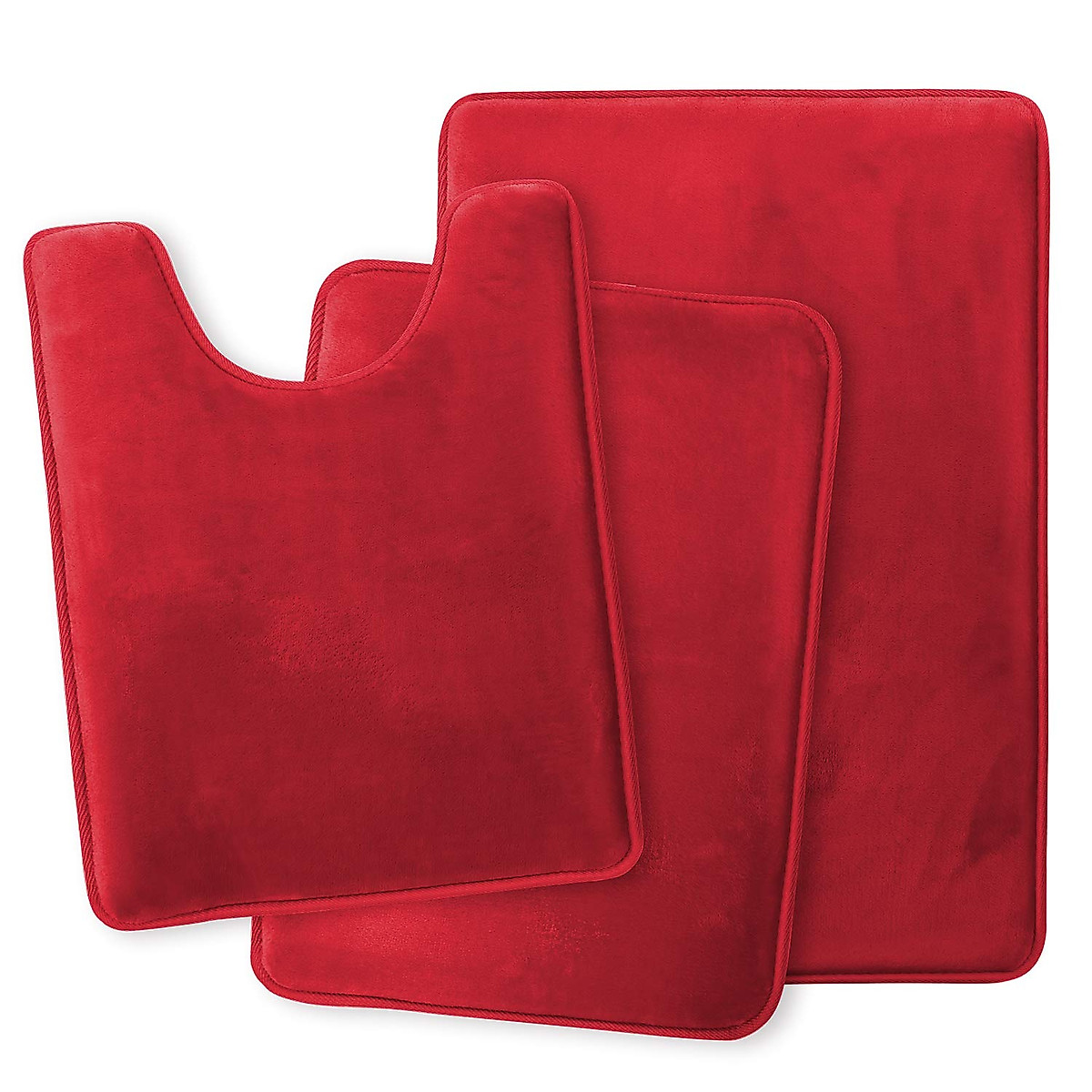 Clara Clark Memory Foam Bath Mat Set Non Slip Absorbent Velvet - Fast Drying Bath Mats Bathroom Rug and Contour Rug Set 3 Piece - 20 x 32-17 x 24-19 x 24, Red