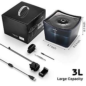 iPettie Kamino Pet Water Fountain, 101oz/3L, Ultra-Quiet Automatic Cat Water Dispenser with LED Light & Water Level Window, Auto Power Off USB Pump & Dual Filters for Cats and Dogs, Translucent Blue