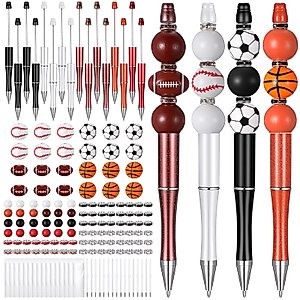 Colarr 16 Set Sports Beads Pens Basketball Football Baseball Rugby Beadable Pens Plastic Beads Making Kit Ballpoint Pen with Black Refills and Bags for Students Gifts School Office Supplies