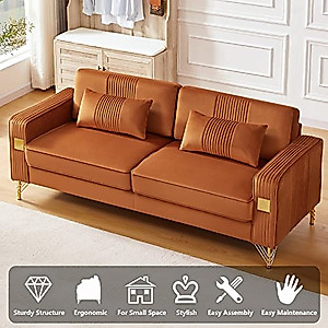 Betoko Velvet Upholstered Sofas Couches for Living Room Modern Contemporary Channel Tufted 3 Seater Sofa Couch with Golden Metal Legs for Bedroom Office and Small Spaces (Camel)