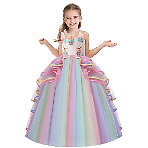 WOCINL Girls Princess Dress Unicorn Outfits Sleeveless Rainbow Party Birthday Wedding Christmas Halloween Carnival Costume Multicolored 4-5T