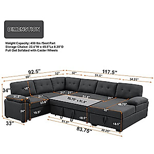 asunflower Sleeper Couch Sectional Sofa with Pull Out Sofa Bed for Living Room 6 Seater Sleeper Sectional Couch with Storage Chaise U Shape Modular Sectional Sofa Bed,Dark Gray