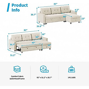 Mjkone Pull Out Sofa Bed, Sectional Sleeper Sofa with Storage, 3 Seat Couch with Chaise Lounge, Velvet Couch with Pull Out Bed, L Shaped Sectional Sofa Couches for Living Room Apartment, Beige