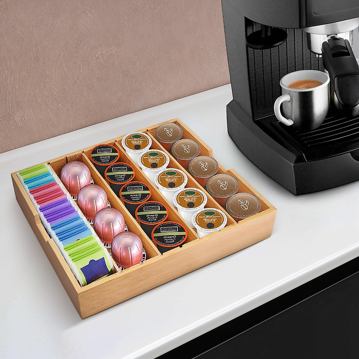 TRUSBER Bamboo K Cup Holder for Counter, Coffee Pod Drawer Organizer Compatible with Nespresso Vertuo Capsules, 25-36 K Cup Drawer Organizer for Coffee Station Home and Office K Cup Storage