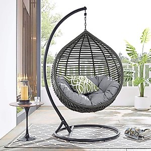 Modway Garner Outdoor Patio Wicker Rattan Teardrop Swing Chair in Gray Gray