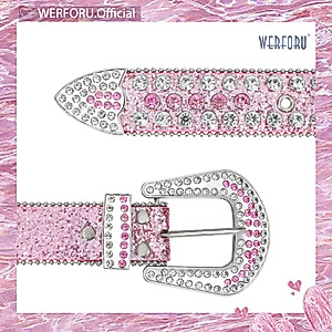 WERFORU Women Western Rhinestone Studded Leather Belt Cowgirl Bling Waist Belt for Jeans Dress, Pink,Fit Waist Size 32-37 Inches