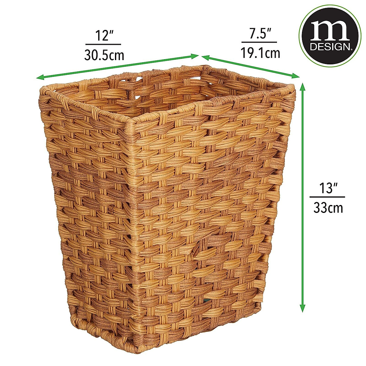 mDesign Small Woven Trash Can - Slim Rectangular Waste Basket - Decorative Garbage Waste Bin for Bedroom, Bathroom, Kitchen, Home Office, Craft, Laundry, Utility Rooms, and Garage - Camel