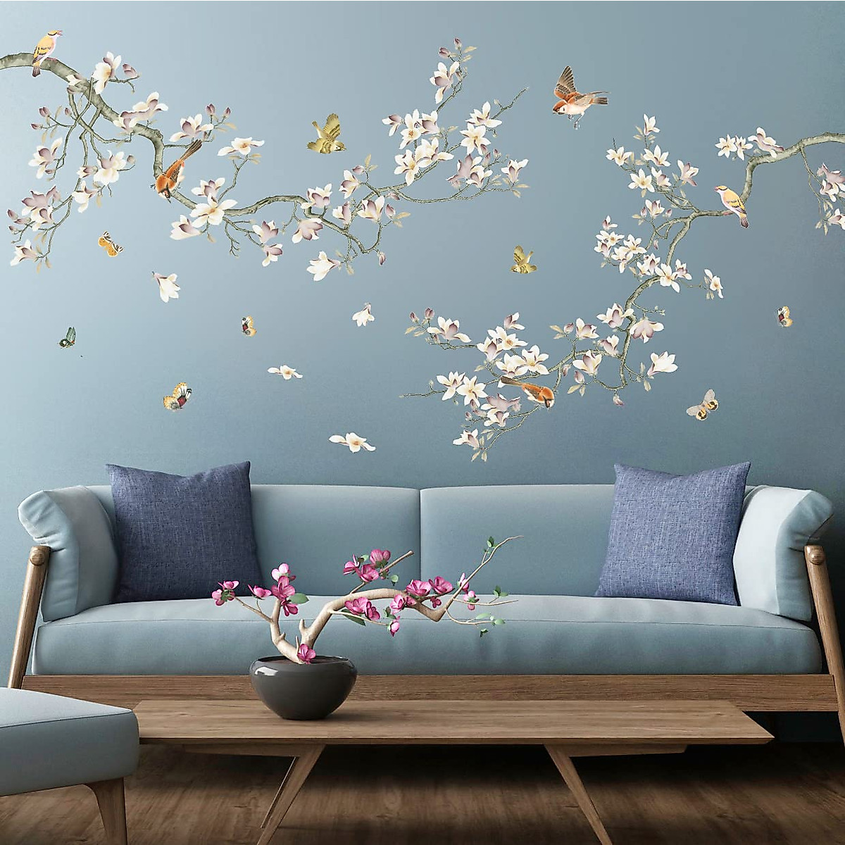 Green Leaf Branch Wall Decals White Flowers Wall Stickers DIY Removable Butterflies and Birds Wall Sticker Art Home Decoration for Kids Baby Girls Bedroom Classroom Offices Nursery TV Sofa Background (B)