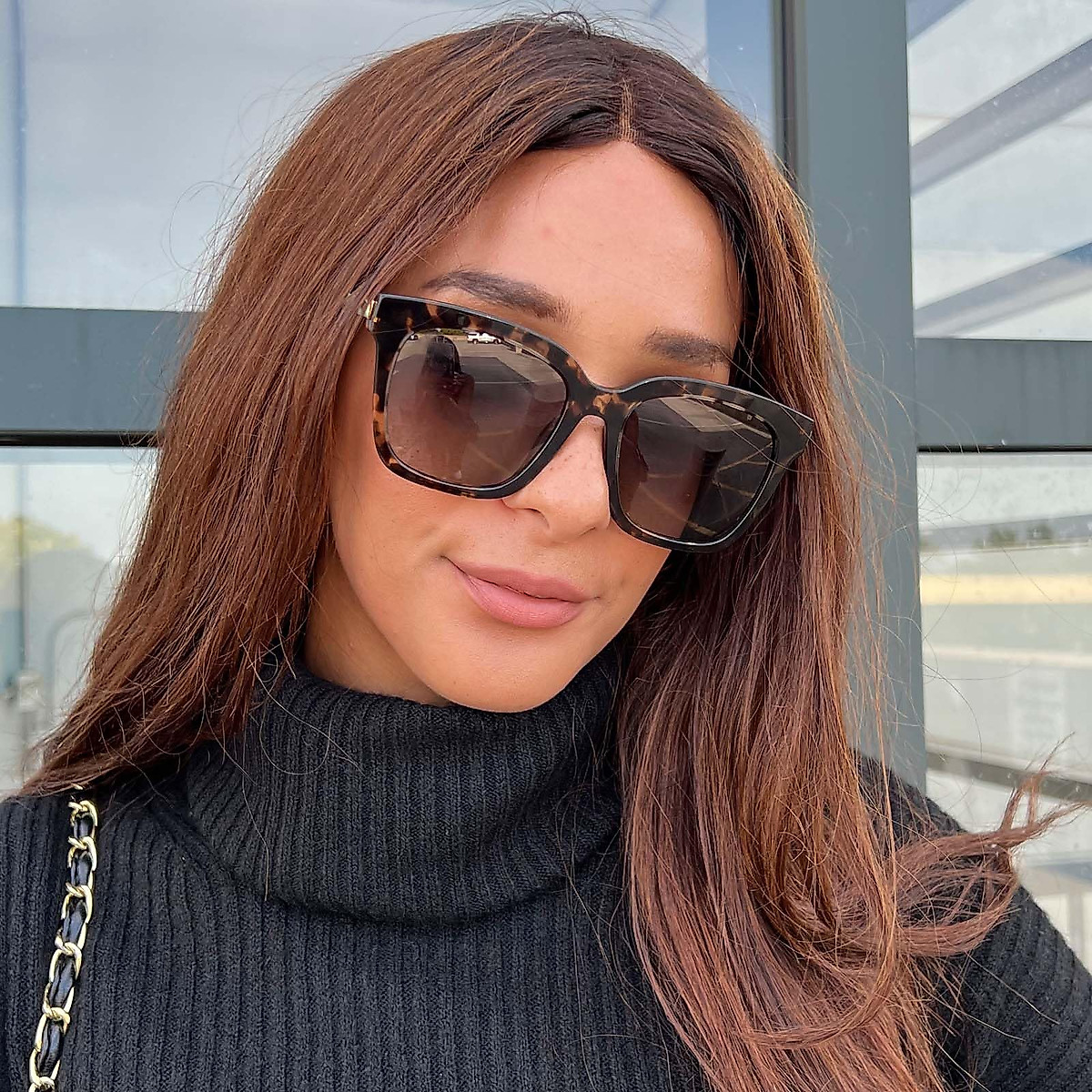 DIFF Bella Designer Square Oversized Sunglasses for Women UV400 Polarzied Protection w/giftable travel case, Amber Tortoise + Steel Gradient