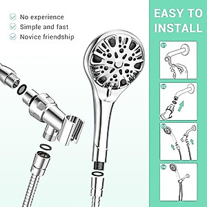 Shower Head with Handheld 9 Functions High Pressure Rain Shower Heads with handheld spray combo 59'' Hose & Holder Powerful Detachable Shower Head for Bathroom, Chrome