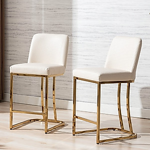 Wahson 24" H Gold Barstools Set of 2, Faux Leather Upholstered with Woven Counter Height Stools, Modern Fabric Bar Stools for Kitchen Island/Dining Room, with Golden Metal Frame, Beige