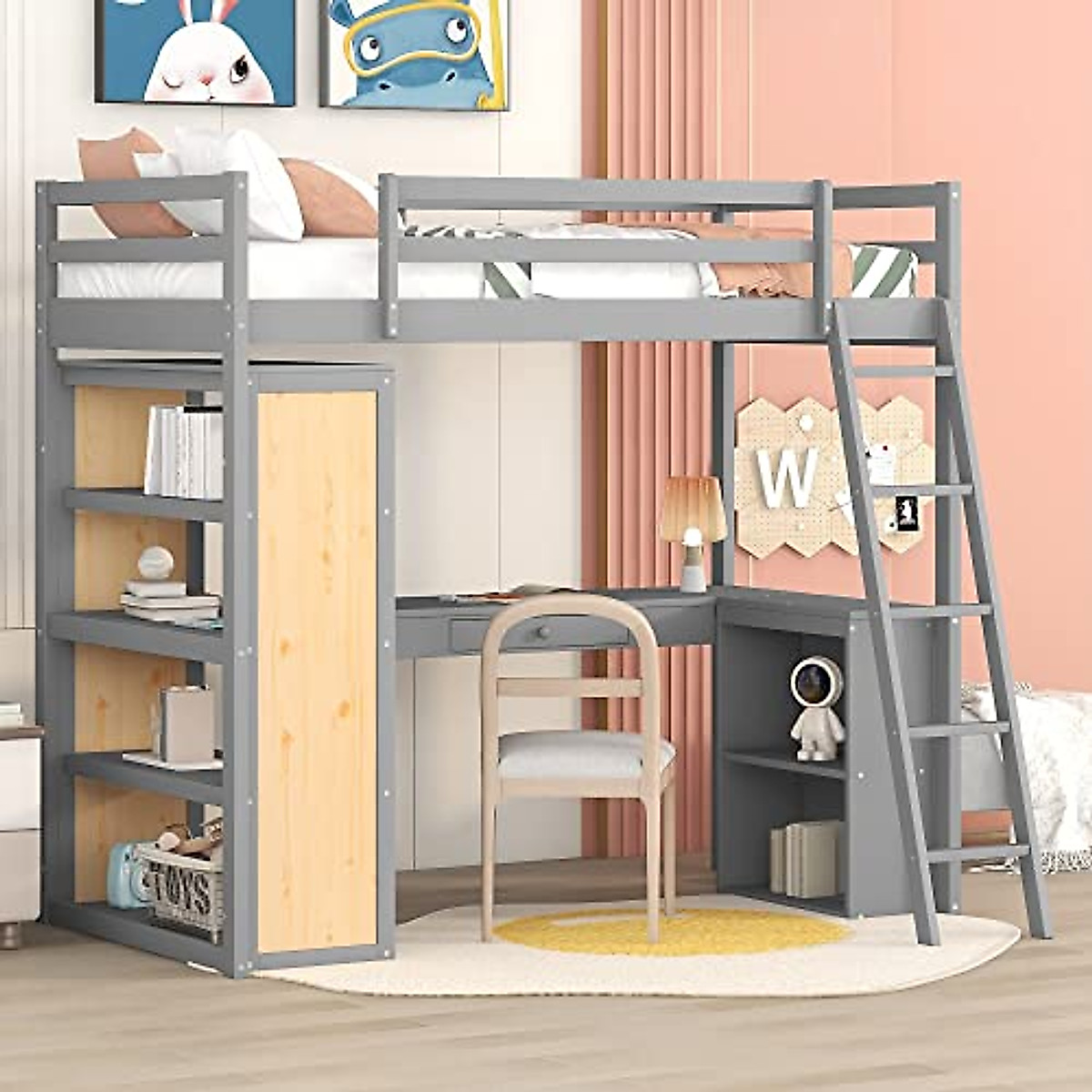 Harper & Bright Designs Loft Bed with Desk and Drawer, Wood Twin Desk,Shelves Cabinet Underneath, High Storage for Kids, Boys,Girls,Teens (Grey), Twin(Desk+Shelves+Ladder)