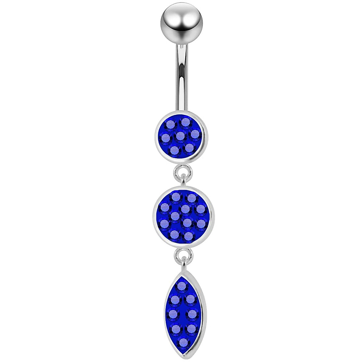 Dark Blue Multi Crystal Stone 2 Round with Eye Shape Dangling 925 Sterling Silver Belly Ring Body Jewelry