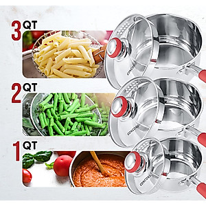 Concord 3 Quart Stainless Steel Saucepan with SIMPLE POUR Vented Glass Lid. Features Dual Pouring Spouts and Volume Marking. Perfect for making Sauces, Jam, Ramen, and more