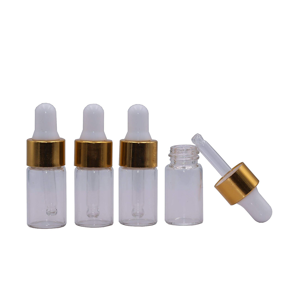 15Pcs Glass Essential Oil Dropper Bottles Clear Mini 1ml/2ml/3ml Perfume Dropping Bottle Cosmetic Sample Vials with Gold Cap and White Latex