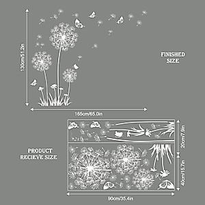 Supzone Dandelion Wall Stickers Flower Wall Decals Butterflies Flying Wall Decors Art Stickers for Bedroom Living Room Sofa Backdrop TV Wall Decor (White Dandelion)