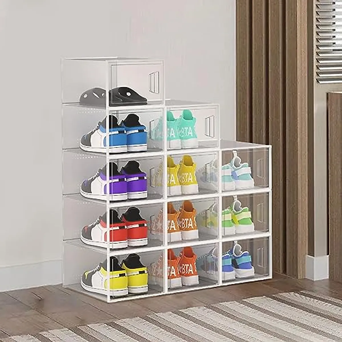 Harmon Wandyer XX-Large Shoe Boxes Clear Plastic Shoe Storage Organizer, Fit Size 12, Stackable Sneaker Display Case Shoe Container Bins, White, 12 Pack