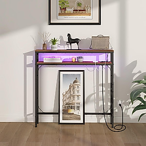 Tohomeor 5.9" Narrow Console Sofa Table with Power Outlets Led Light Sofa Skinny Behind Couch Table with Shelves Metal Frame and Charge Station (1, Rustic Brown)