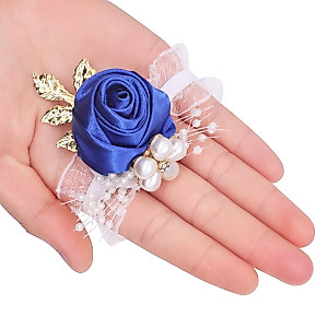 Snadulor 1 Pcs Wrist Flower,Wedding Bridesmaid Bride Wrist Corsage Decoration Hand Flower,Royal Blue